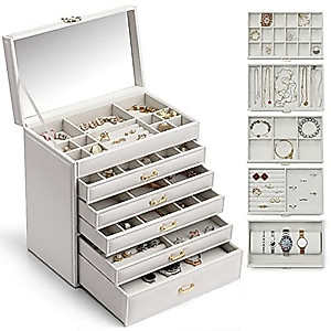 Vlando 6 Tier Large Jewelry Storage Box with Mirror, Huge Jewelry Box Organizer Storage of Necklace Ring Earring Bracelets Watches (White)