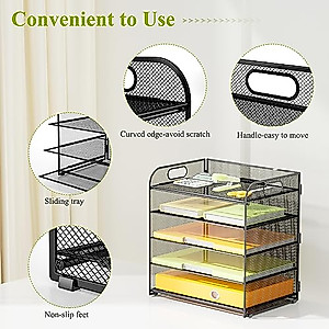5 Tier Paper Letter Tray Organizer with Handles, VIEERINN Mesh Desk File Organizer Metal Paper Sorter Holder, Desktop Document Shelf Tray Storage Organization for Office School Home