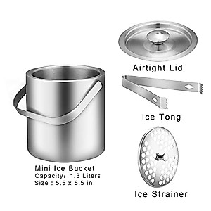 LUCKYGOOBO Mini Stainless Steel Ice Bucket Portable Double Wall Ice Bucket with Tong, Hotel Bucket/Champagne Bucket/Beverage Bucket,Size 1.3 Liters 5.5 x 5.5 in,Serveware for Party,Event,and Camping.