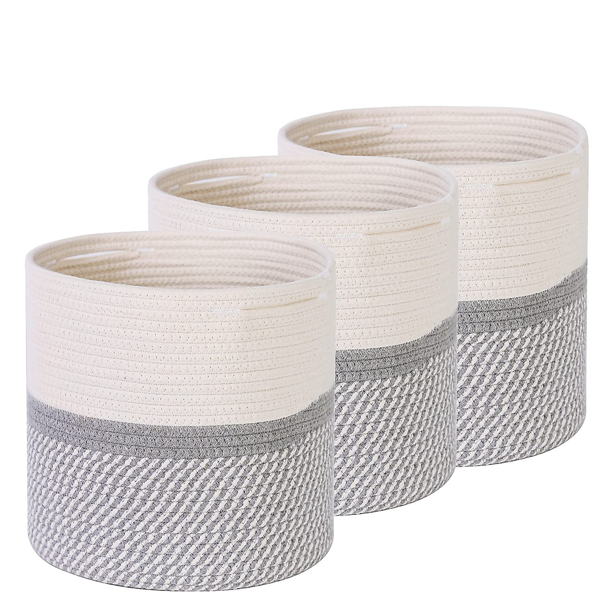 Woven Cotton Basket Sef of 3, 11x11x11in Storage Shelf Basket for Toys Clothes Books, Home Office Organization Basket, White & Grey