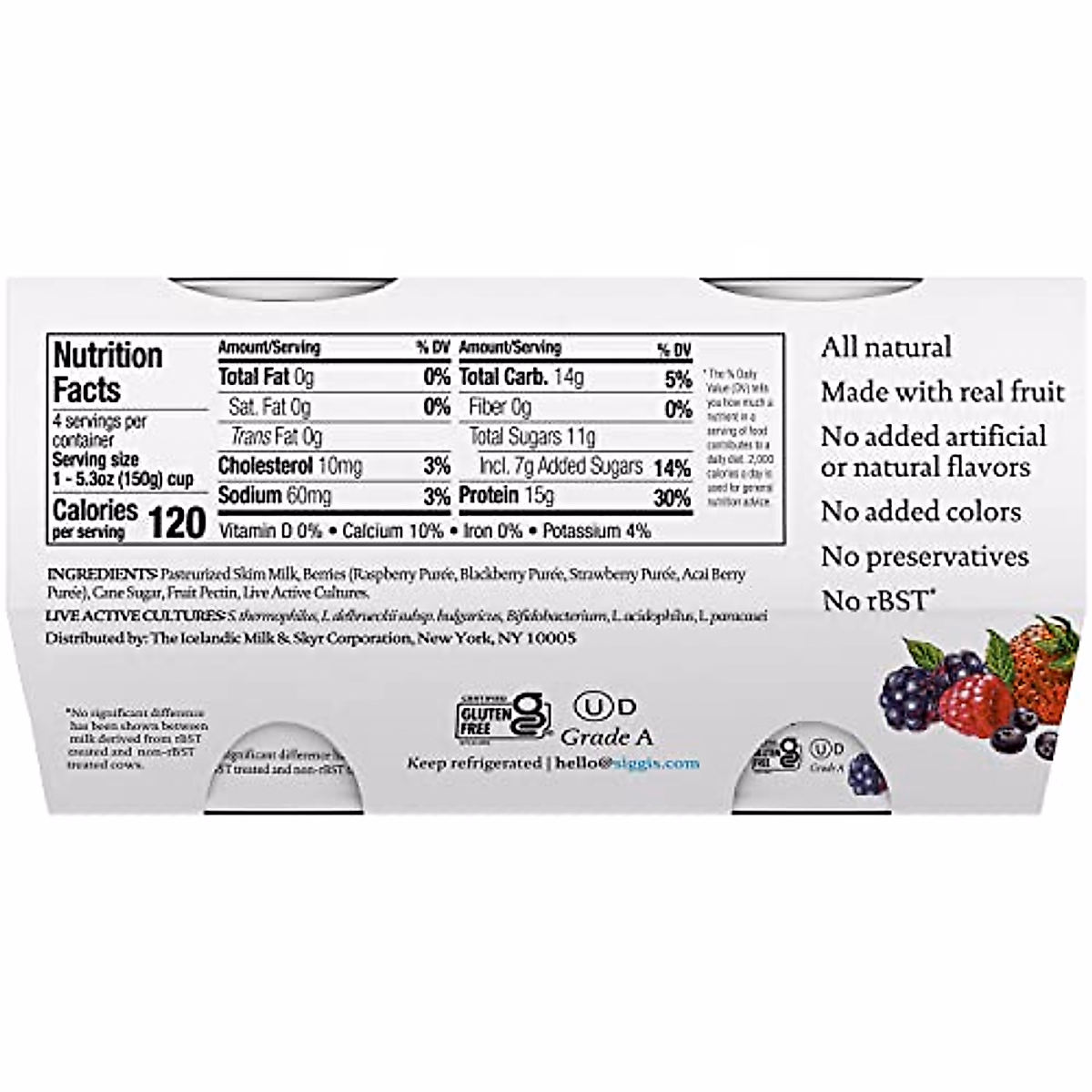 Siggi's Mixed Berries & Acai Non Fat Yogurt 4 Pack, 21.2 OZ