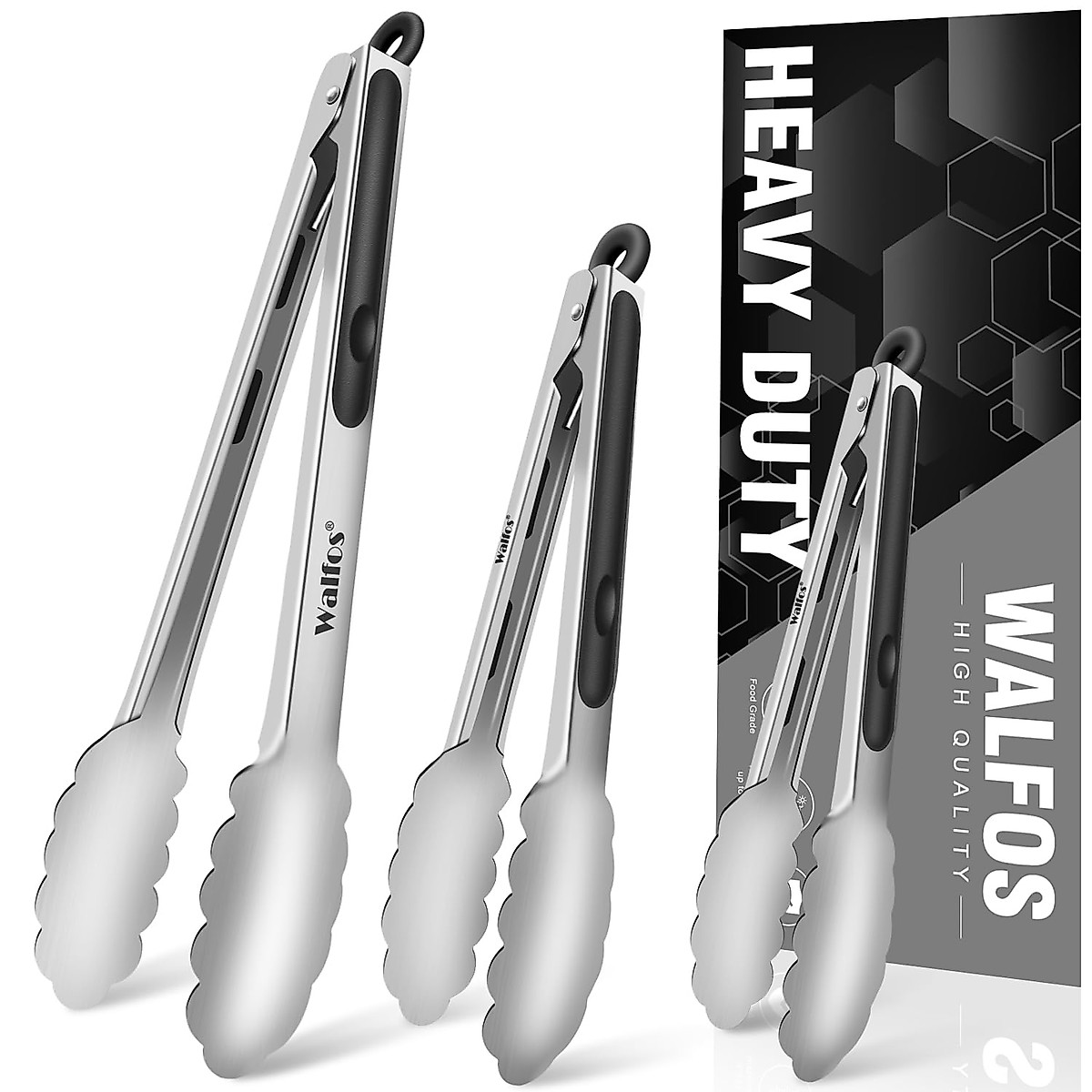 Food Grade Stainless Steel Kitchen Tongs for Cooking,BBQ - 7 ，9 and 12 Inch,Set of 3 Heavy Duty Locking Metal Food Tongs Non-Slip Grip