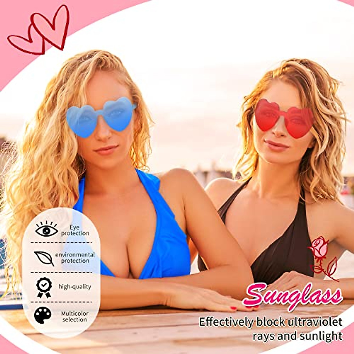 LUCKYCHRIS 2 Pcs Purple Heart Sunglasses for Women Oversized Heart Shaped Glasses Rimless Fun Sunglasses Pack for Bachelorette Party Favors