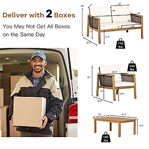 PATIOJOY 4 Pieces Outdoor Acacia Wood Furniture Set, PE Wicker Conversation Set with Coffee Table and Soft Cushions, Sofa for Garden, Poolside and Backyard (1, Off White)