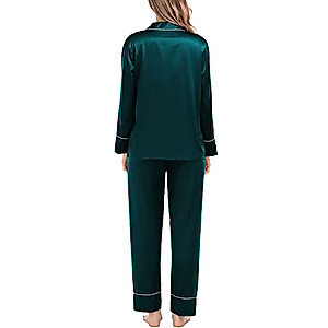 SWOMOG Women's Silk Satin Pajamas Loungewear Two-piece Sleepwear Button-Down Pj Set S-XXL Deep Green