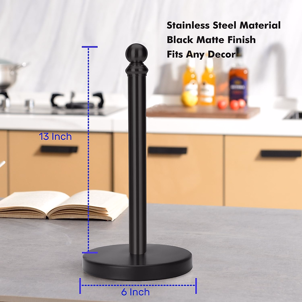 Black Paper Towel Holder Countertop, Standing Paper Towel Roll Holder for Kitchen Bathroom, with Weighted Base for One-Handed Operation, Stainless Steel in Black Matte Finish