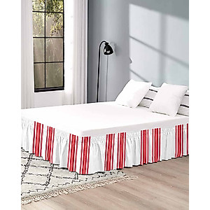 Stripes Red White Bed Skirt King Size 16 Inch Drop,Adjustable & Elastic Wrap Around Bed Skirts Pleated Luxury Dust Ruffles for Twin Full Queen Cal King Bed,Classic Casual Bohemian Geometric Art Decor