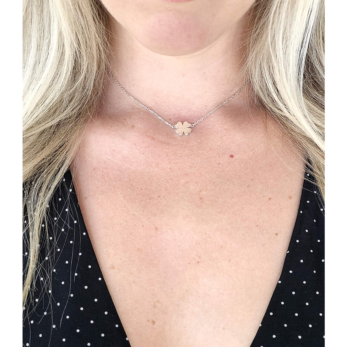 Dote Lucky Four Leaf Clover Pendant Dainty Genuine .925 Sterling Silver Hammered Necklace w/ 16-18" Adjustable Chain