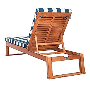 SAFAVIEH Outdoor Collection Solano Natural Wood/ Navy Stripe Cushion Patio Backyard Chaise Lounger Chair