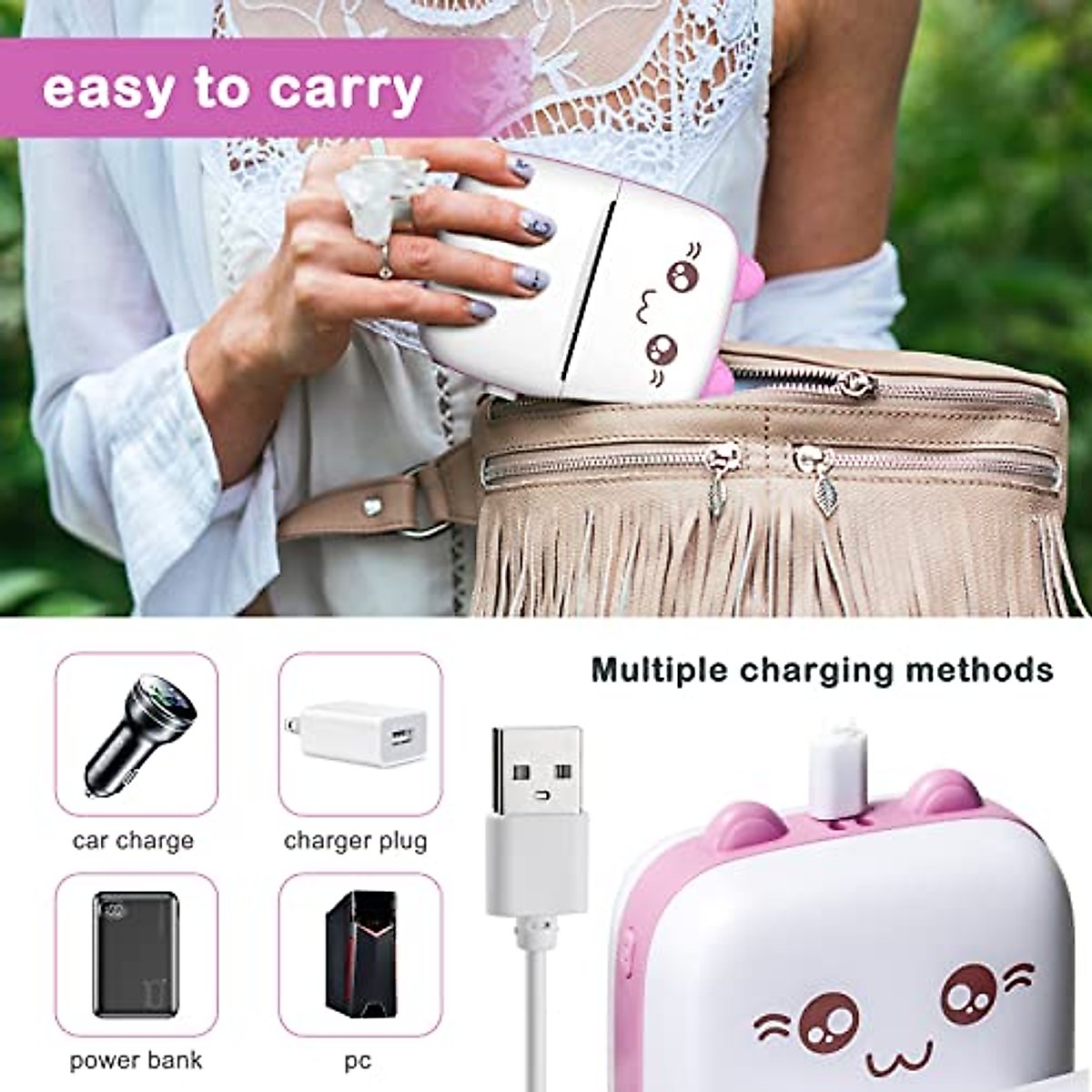 Mini Printer Portable, Pocket Thermal Printer, Inkless Printers for iOS and Android with 7 Rolls of Printing Paper in for Photos, Office Receipts, QR Codes, Labels, Notes(Pink)