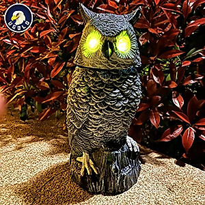Ugold Solar Powered Snow Owl with Glowing Eyes, Rotatable Head, Realistic Hoots, Detection and Silent Mode, Garden Sculpture, Decoration for Home, Garden, Patio and Lawn