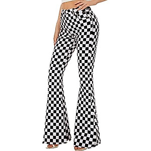 Odefou Bell Bottom Jeans for Women High Waisted Stretch Plaid Flare Jeans Bootcut Pants(Black White Plaid,6)