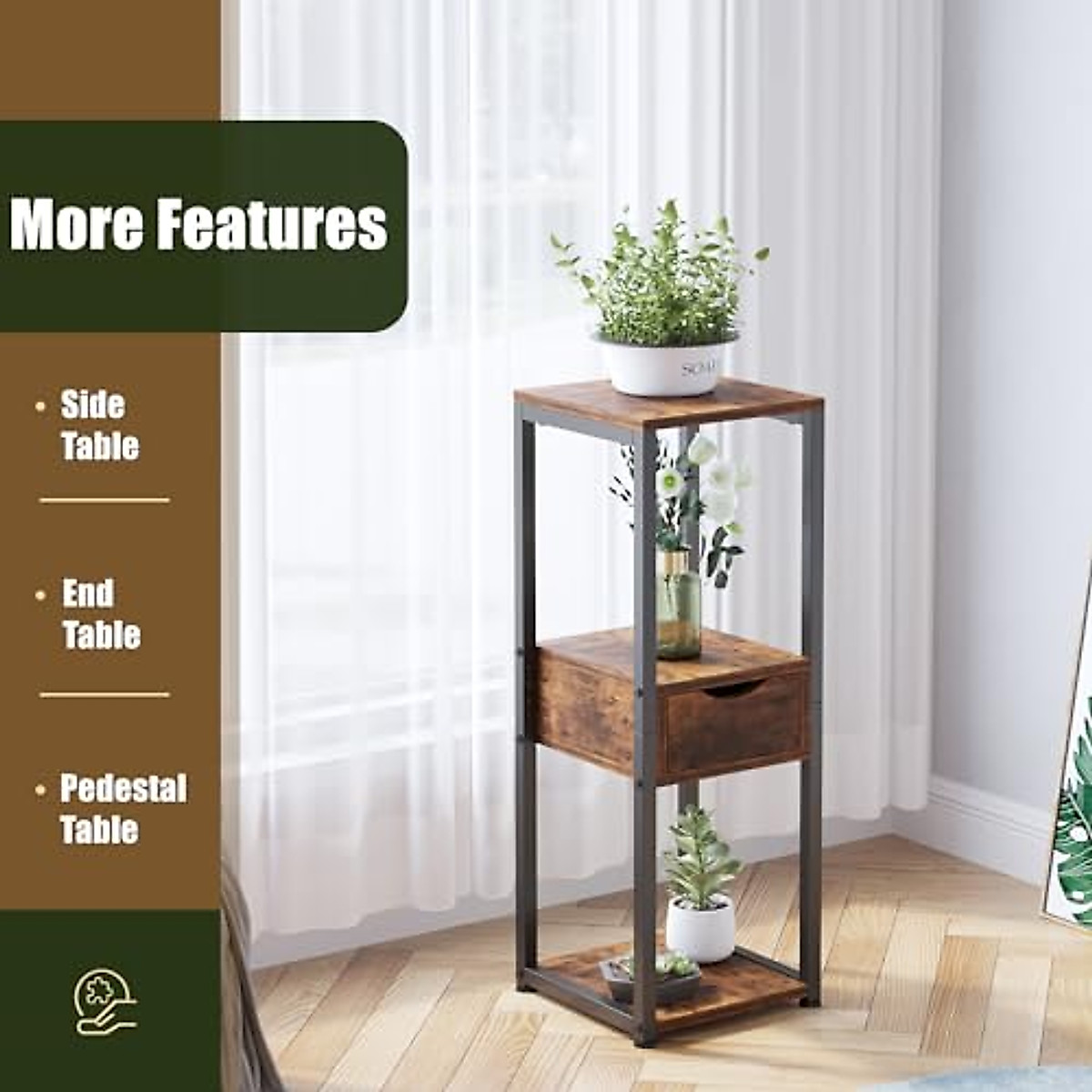 VonDream 3 Tier Plant Stand Indoor , Tall Pedestal Stand with Drawer, Tall Plant Stand for Indoor Plants Multiple, Corner Plant Table Indoor, Small Side Table for Living Room