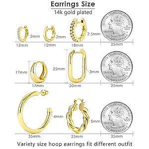 Adoyi Small Gold Huggie Hoop Earrings for Women Chunky Twisted Big Gold Hoops Set Hypoallergenic 14K Gold Plated Large Huggie Hoop Earrings Pack for Women Gift Lightweight 7 Pairs ball earrings