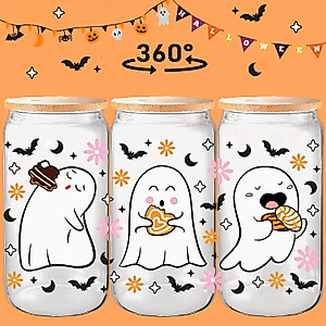 KIKUHE Halloween Ghost Iced Coffee Glass Cups, 16oz Cute Floral Ghost Glass Cups with Lids and Straws, Halloween Gifts, Cute Spooky Gifts for Her, Spooky Halloween Tumbler Mug for Women Girls Kids