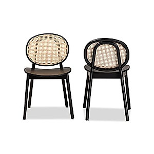 Baxton Studio Halen Mid-Century Modern Brown Woven Rattan and Black Wood Finished 2-Piece Cane Dining Chair Set