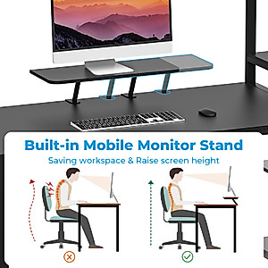 GreenForest Computer Desk with Storage Printer Shelf,67 inch Reversible Home Office Desk Large Study Writing Table with Movable Monitor Stand and 2 Headphone Hooks for PC Gaming Working, Black