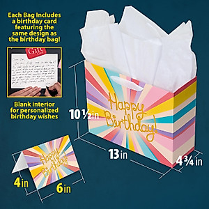 Large 13" Colorful Birthday Gift Bag Set - Gold Foil, Bag with Handles, Matching Tissue Paper & Cards. Reusable Ideal for Boys or Girls' Party & Special Occasion