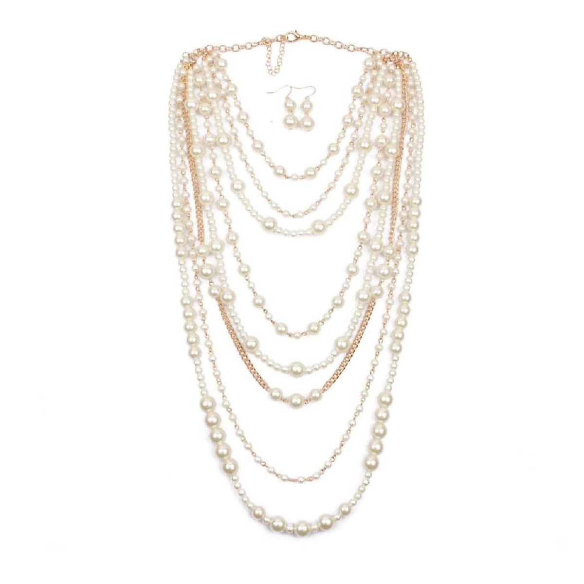 Askana Women's Vintage Retro Classic Style 1920s Fashion Faux Simulate Pearls White Beads Long Multi-layer Layered Statement Strands Necklace with Earrings