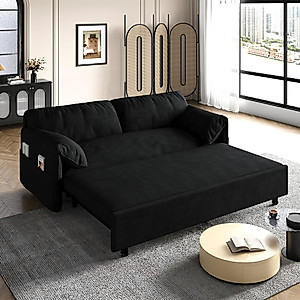 GNIXUU 63.8" Queen Pull Out Sofa Bed, Velvet Convertible Sleeper Sofa Couch with Side Storage, Comfy Loveseat Bed Pull Out Couch for Living Room, Apartment, Small Space(Black)