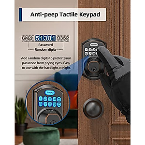 TEEHO TE002K Fingerprint Door Lock Set - Keyless Entry Door Lock with Handle - Door Knob with Keypad Deadbolt - Smart Locks for Front Door - Auto Lock - No Need App - Easy Installation - Bronze
