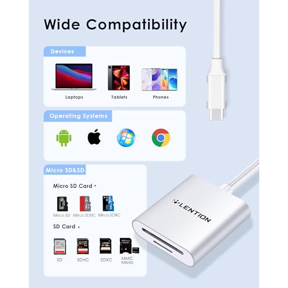LENTION USB C to SD/Micro SD Card Reader, Type C SD 3.0 Card Adapter Compatible 2023-2016 MacBook Pro 13/15/16, New Mac Air/iPad Pro/Surface, More (CB-C8, Silver)