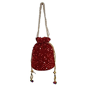 Purpledip Blingy Shiny Chenille Potli Bag (Clutch, Drawstring Purse) For Women: Red Sequin Embroidery Work (12530A)