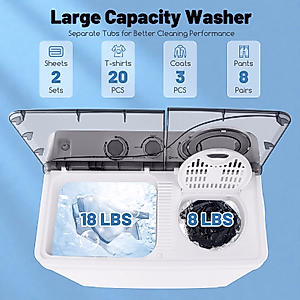 ARLIME Portable Washing Machine, 26 lbs Washer and Spinner Combo with Drain Pump,18 lbs Washing 8 lbs Spinning Twin Tub Mini Compact Laundry Washer for Dorms, Apartments, RVs (White+Gray)