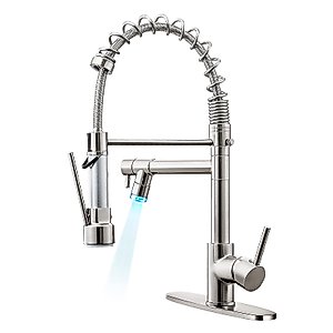 Qomolangma Commerical Kitchen Faucet with Pull Down Sprayer, Single Handle Kitchen Sink Faucet with LED Light 2 Spout, with Deck Plate Brushed Nickel