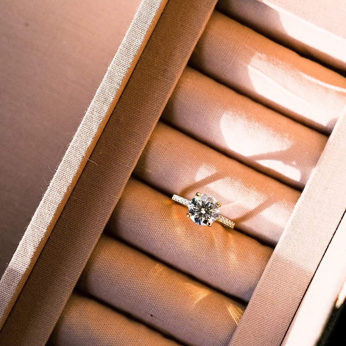 espere 3 Carat Round Moissanite Engagement Ring in 14K Yellow Gold Pavé Band | Round Brilliant Classic Paved Engagement Ring Size 6