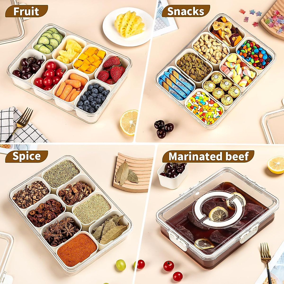 Plastic Divided Serving Tray with Lid and Handle Snack Box Charcuterie Container Portable Snack Platters Organizer for Candy, Fruits, Snacks, Nuts, for Party, Entertaining, Picnic (8 compartments)