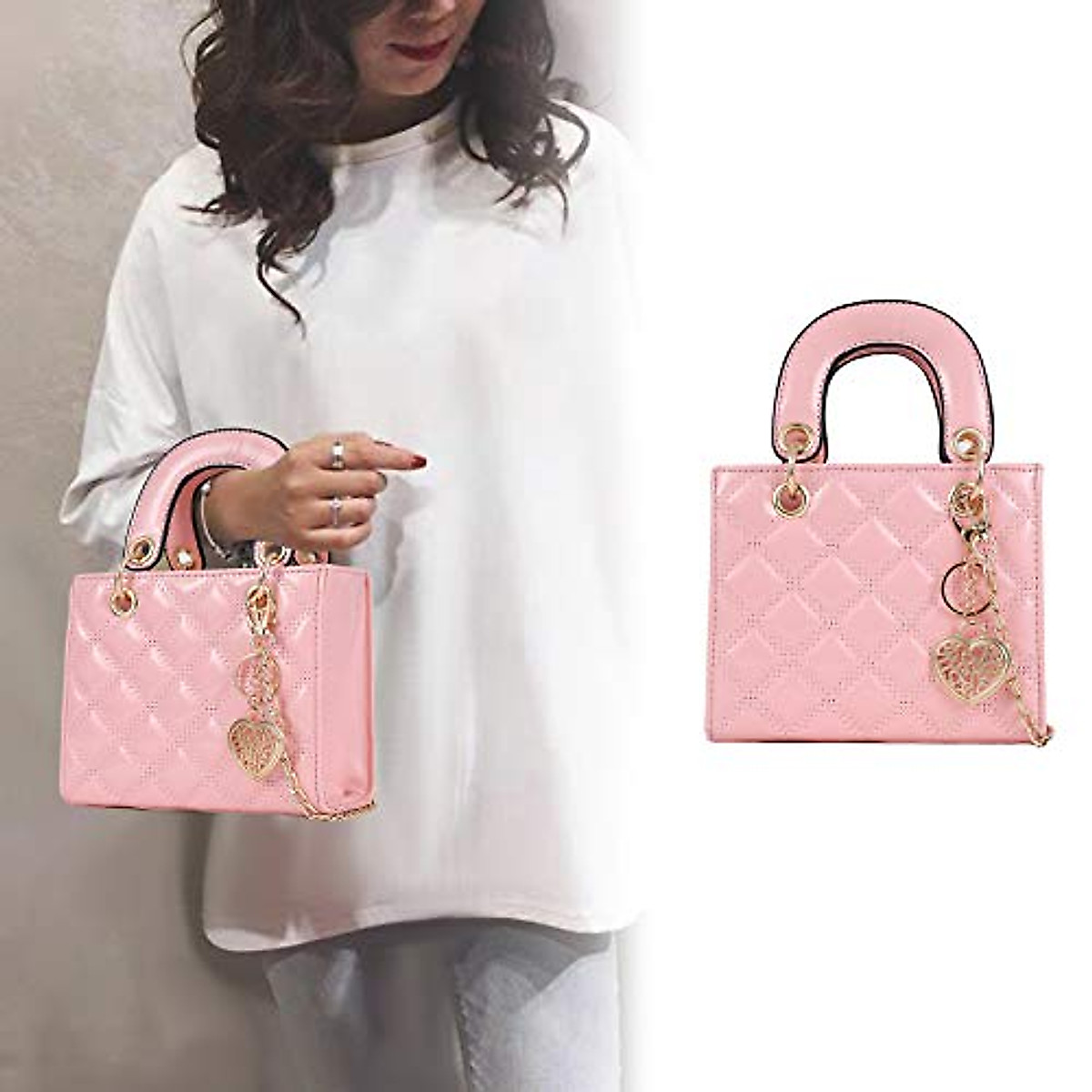 Qiayime Purses and quilted Handbags for Women Patent Leather Chain Satchel Shoulder Messenger Tote Bags Pink
