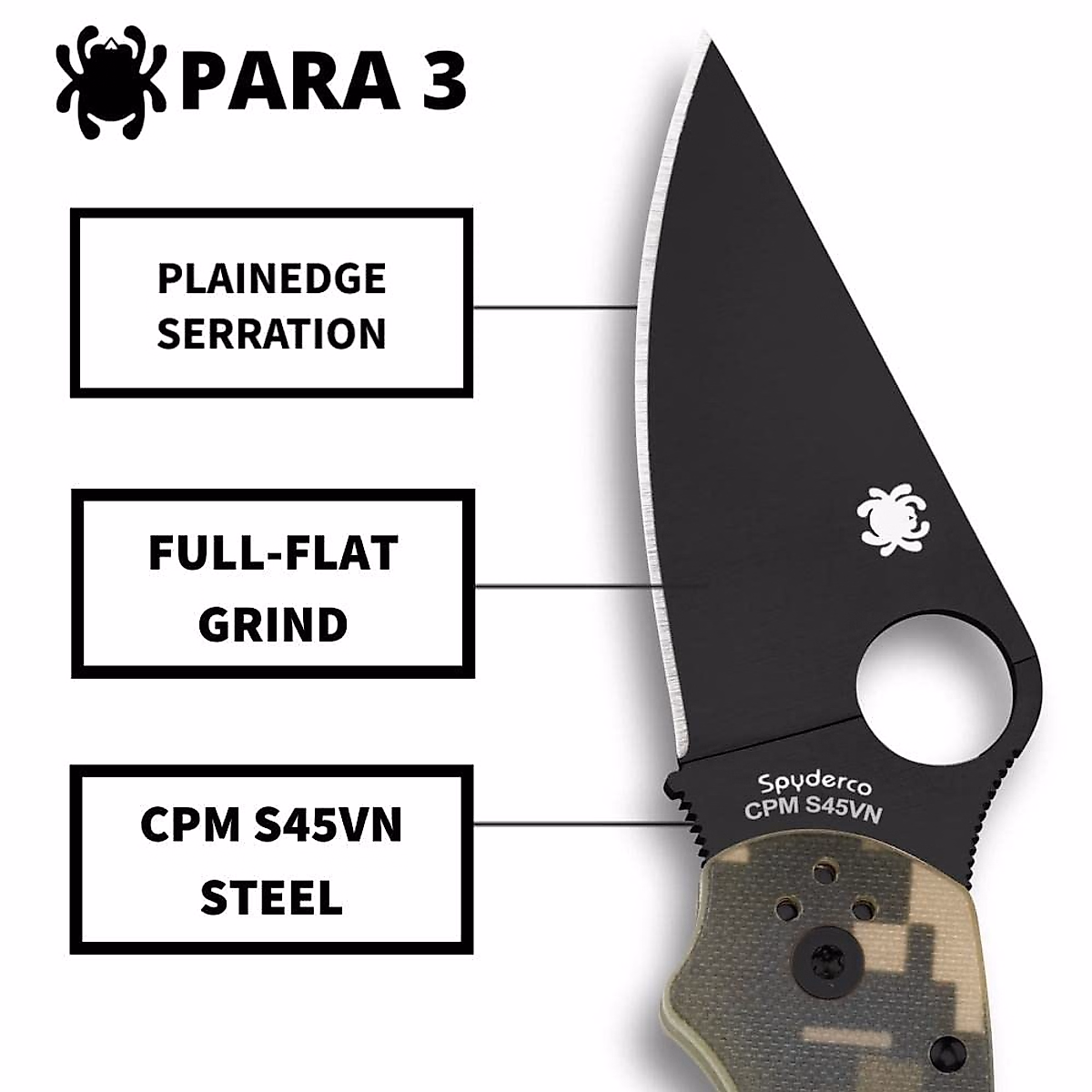 Spyderco Para 3 Camo Signature Folding Utility Pocket Knife with 2.95" Black CPM S45VN Blade and G-10 Handle - Everyday Carry - PlainEdge - C223GPCMOBK