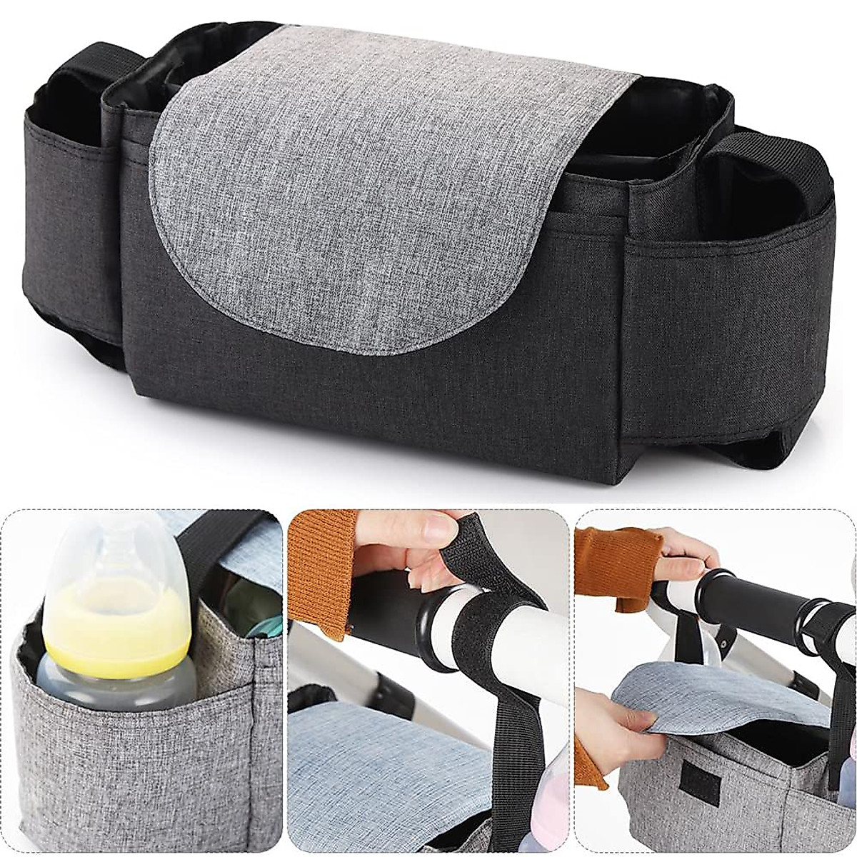 KJHG Stroller Organizer Bag,Multifunctional Stroller Bags with Insulated Cup Holder Baby Stroller Accessories Storage Bag for Bottle,Diaper,Phone,Keys,Toys,Baby Items (Black)