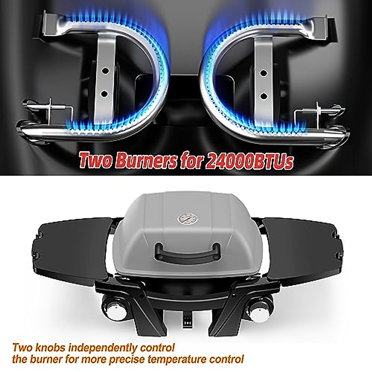 Ooiior Portable Gas Grill, Small Gas Grills Propane, Tabletop Gas Grill Outdoor Camping Grill BBQ Grill 24000 BTU with 2 Burners, Removable Side Tables, Built in Thermometer, Grey