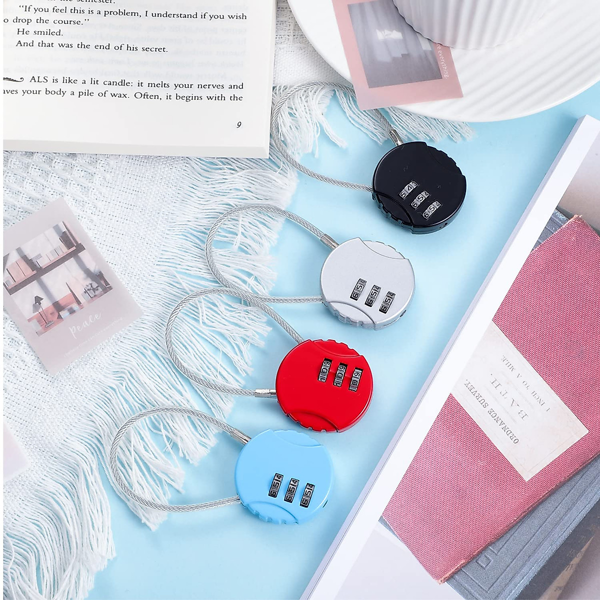 4 Pcs Combination Lock, 3 Digit Combination Padlock Code Lock with Wire Rope Outdoor Waterproof Padlock for Backpack Suitcase Door Sports Locker (Black, Red, Blue, Silver)