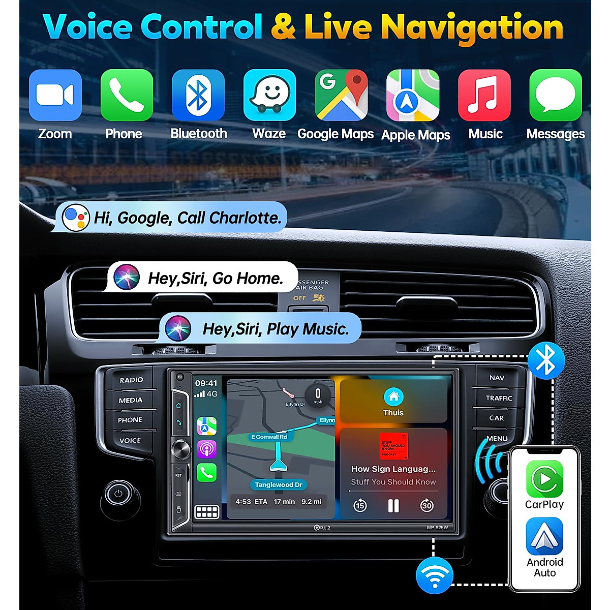 PLZ 7" Wireless Double Din Car Stereo Apple Car Play Radio Carplay Android Auto QLED Touch Screen, Bluetooth 5.3 Audio Receivers, 1080P Backup Camera, 4.2 Channel Outputs 240W, 2 Subwoofer, FM/AM, SWC