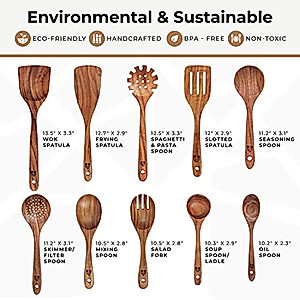 Wooden Spoons for Cooking, 10 Pcs Teak Wood Cooking Utensil Set - Wooden Kitchen Utensils for Nonstick Pans & Cookware - Sturdy, Lightweight & Heat Resistant