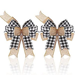 2 Pieces Black White Plaid Burlap Bows Large Buffalo Plaid Wreath Bows Buffalo Check Tree Decorative Bows Rustic Burlap Holiday Craft Bows for Tree Topper Wedding Birthday Party Decor, 9.5 x 13 Inches