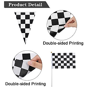 Racing Car Party Decorations Supplies 6.6 x 2 Ft Long Racetrack Floor Running Mat, 6.6 Feet Checkered Racing Pennant Banner, 10 Pcs Checked Race Flags with Stick for Birthday Race Car Party Decors