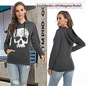 Calvin&Sally Women's Casual Lightweight Hoodies Long Sleeve Skull Graphic Tee Shirts Drawstring Pullover Hoodie Sweatshirts Tops with Pocket (Grey,XL)