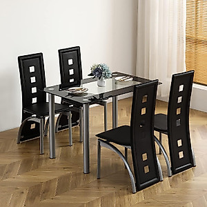 Kootlena 5 Piece Black Modern Glass Dining Table Set for 4, 43" x 27.6" x 28.9" Rectangular Tempered Glass Table with 4 PVC Leather Chairs