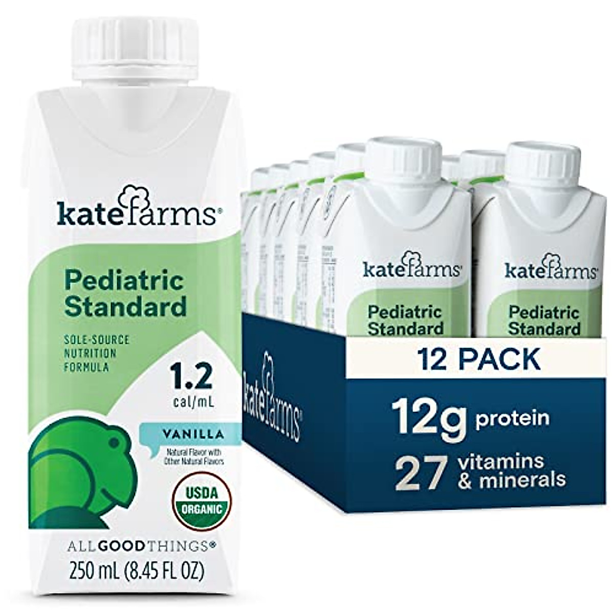 Kate Farms Pediatric Standard 1.2 Formula, Sole Source Nutrition, Nutritional Supplement Drinks, Feeding Tube Meals, Protein Shakes for Kids (Vanilla 1.2 cal/mL, Case of 12)