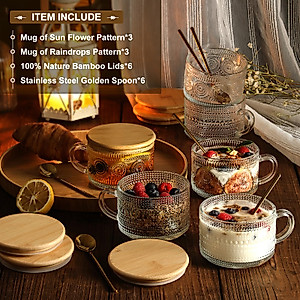 6 Pack 14oz Vintage Glass Coffee Mugs with Bamboo Lids and Spoons, Green Embossed Drinking Glasses for Iced Coffee, Tea, Latte - Cute Coffee Bar Accessories