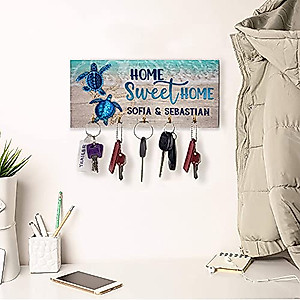 MUCHNEE Personalized Beach House Key Holder for Wall - Home Sweet Home, Customized Key Hook Decor for Kitchen, Living Room - Gifts with Custom Family Name for Couple, Wife, Husband, Family, Friends