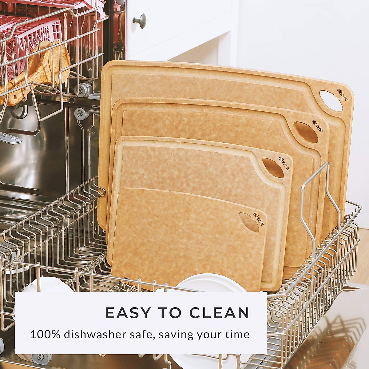 Elihome Classic Series MEDIUM Cutting Board for Kitchen- Natural Wood Fiber Composite, Dishwasher Safe, Eco-Friendly, Juice Grooves, Non-Porous, Reversible, BPA Free, Made in USA, 13"x 10"x 1/4”