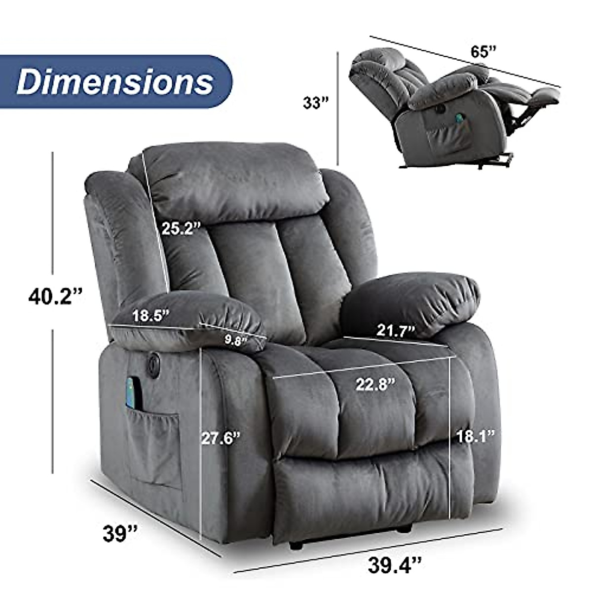 ANJ Electric Massage Power Lift Recliner Chair Sofa with Heat & Vibration for Elderly, Heavy Duty and Safety Motion Reclining Mechanism, Overstuffed Motorized Reclining Chairs with USB Port (Grey)