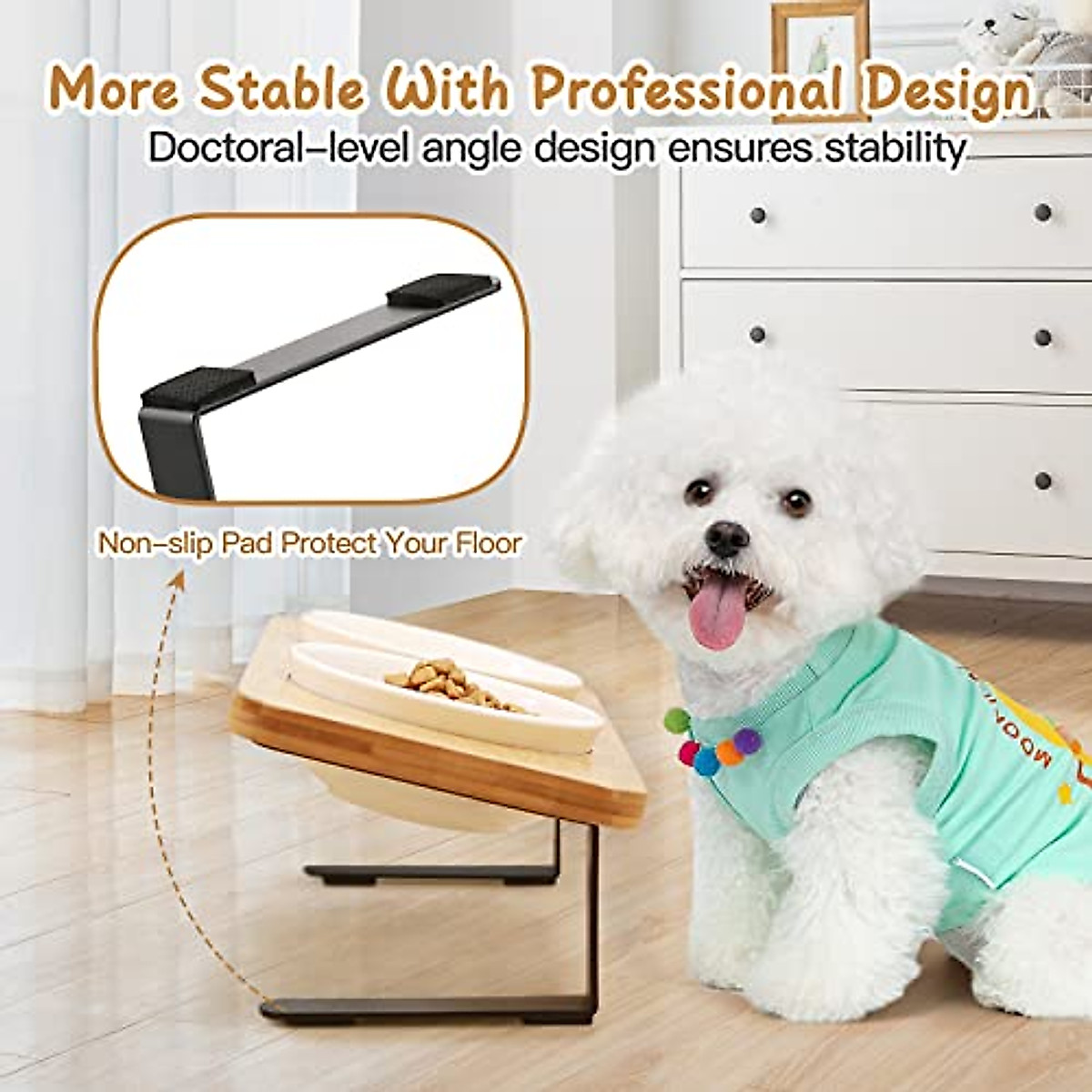 Ceramic Elevated Cat Bowls, 15° Tilted Raised Cat Food Bowls for Food and Water, Indoor Cat Dishes with Bamboo Stand Anti Vomiting for Cats and Puppy, Pet Bowl Set with Anti Slip Feet, Dishwasher Safe