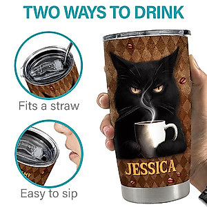 SANDJEST Personalized Black Cat Tumbler Funny Coffee 20oz 30oz Tumblers with Lid Gift for Women Girl Daughter Sister Mom Cat Lovers Christmas Birthday