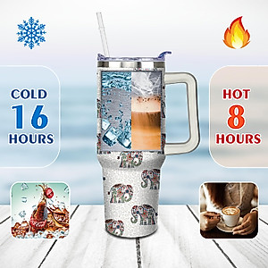 qoepfnsh 40 oz Elephant Tumbler with Handle and Straw, Boho Bohemian Floral Stainless Steel Vacuum Insulated Travel Coffee Mug Cup Water Bottle, Elephant Stuff Accessories Decor Gifts for Women Girls